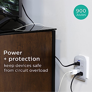 Philips 6-Outlet Extender Surge Protector, 900 Joules, 3-Prong, Space Saving Design, Protection Indicator LED Light, 4 Pack, Grey, SPP3469GR/37
