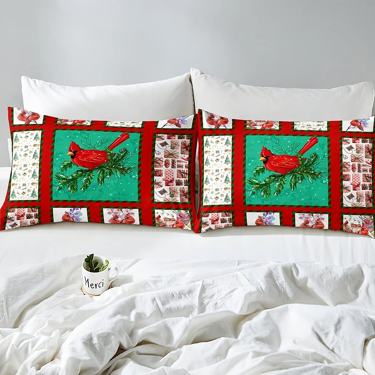 Erosebridal Cardinals Birds Duvet Cover Red Cardinal Bedding Set for Kids Child,Green Pine Tree Branches Comforter Cover Cute Bird Animal Bed Sets Patchwork Style Bedroom Decor Twin Size