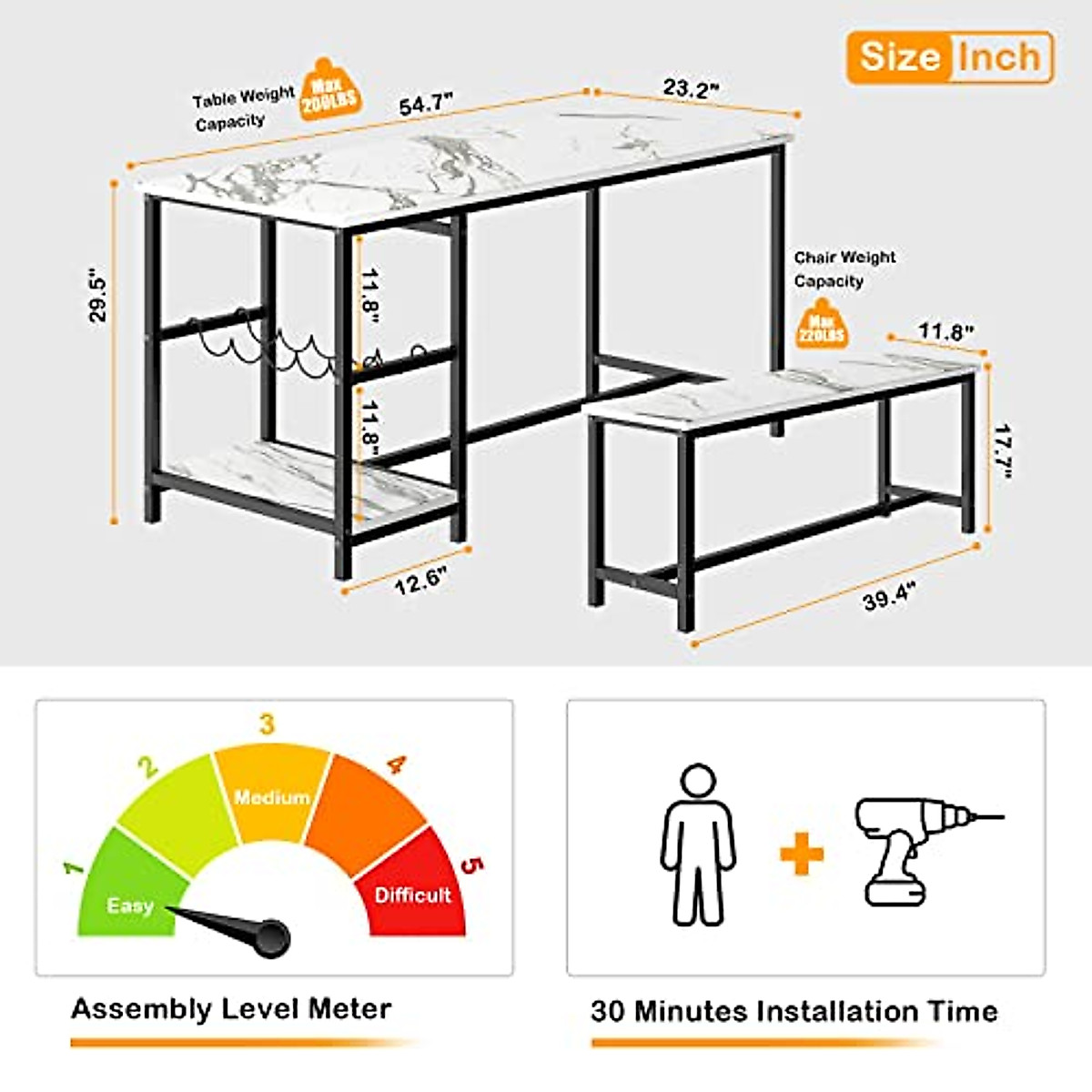 Dining Table Set for 4, 3 Piece Kitchen Table and Chairs Set with 2 Benches, Small Kitchen Table Set with Wine Rack and Glass Holder, Rustic Metal Frame for Breakfast Nook Apartment (White Statuario)