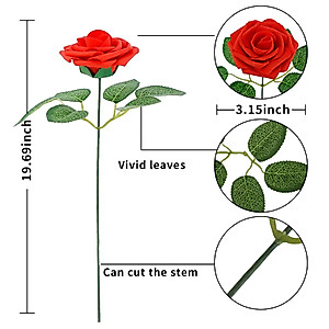 Isquene Red Roses Artificial Flowers with Long Stem Real Touch Fake Foam Roses for Decoration DIY Wedding Bouquets Centerpieces Bridal Shower Mothers Day Party Flower Arrangements Home Decor