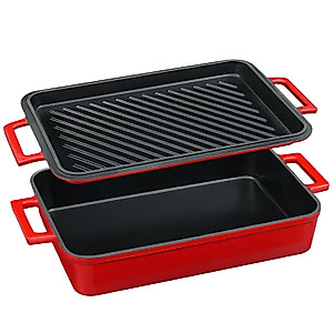 Flavehc Cast Iron Casserole Dish with Skillet Lid 9"x13" Rectangle Casserole Dishes for Oven Cast Iron Baking Dish Cast Iron Lasagna Pan Lasagna Baking Dish Red