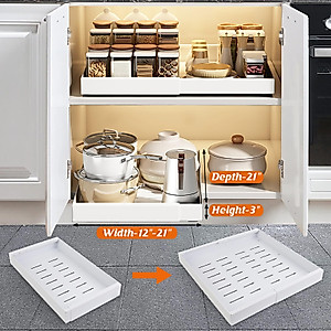 Ancaixin Pull Out Cabinet Organizer, 21" Deep Expandable (12"-21") Pull Out Drawers for Cabinets with Adhesive, Slide Out Drawers Roll Out Shelf for Kitchen, Bathroom, Under Sink Storage(White,2PC)