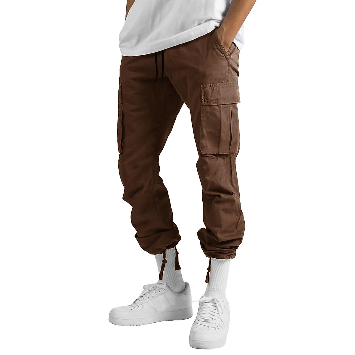 THWEI Mens Cargo Pants Casual Joggers Athletic Pants Cotton Loose Straight Sweatpants Brown L