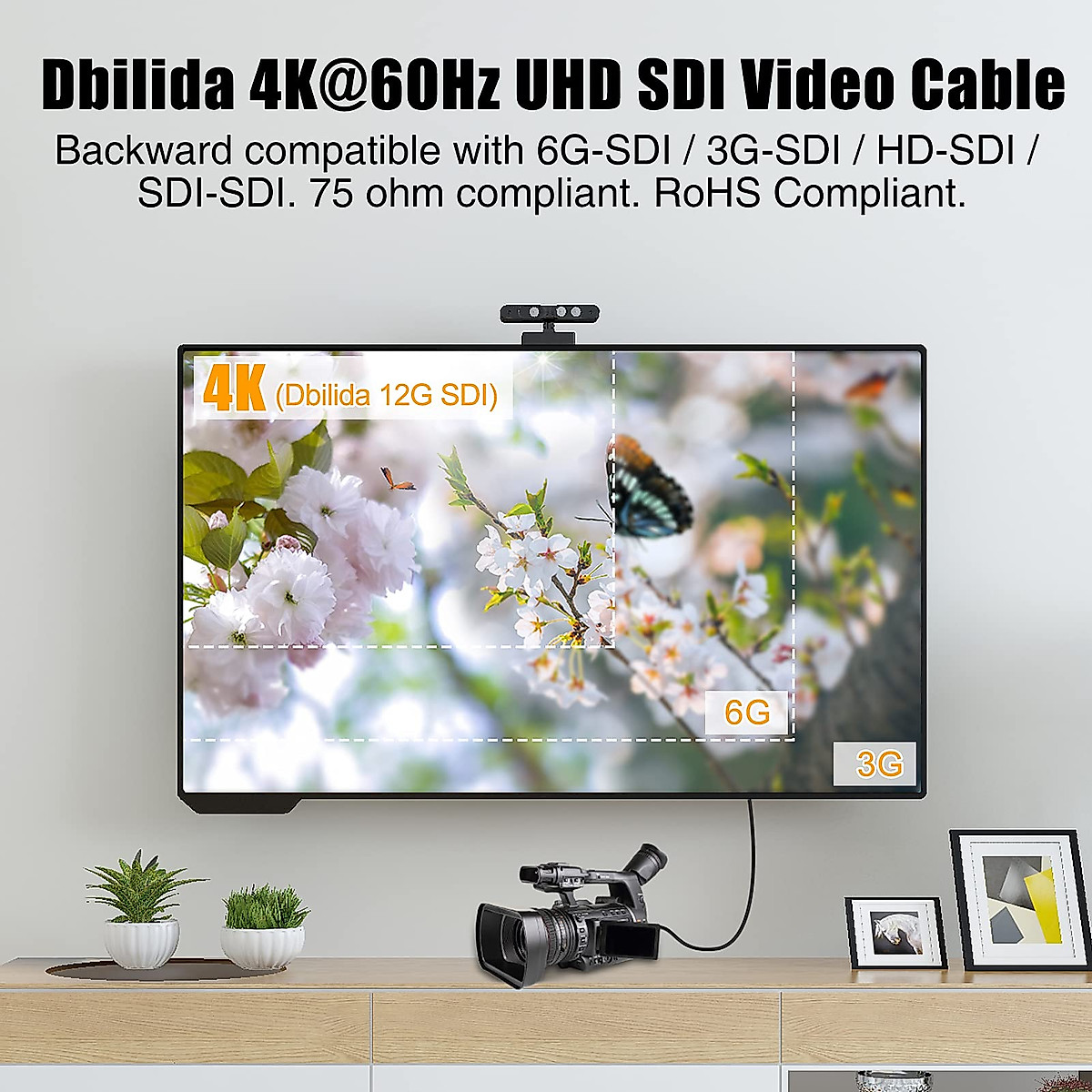 Dbilida 12G SDI Cable 100 ft, 4K@60Hz RG11 SDI Video Cable 75ohm BNC Cable 16AWG Supports 6G/3G-SDI/HD-SDI for Video Security Camera, Blackmagic SDI Converter