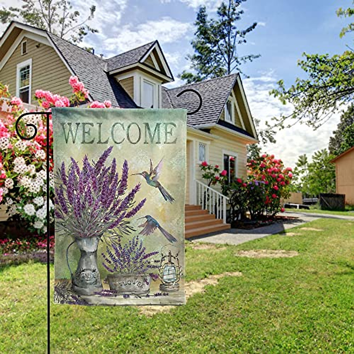 Lavender Flower Garden Flag Double Sided, Funny Hummingbird Bird Welcome Yard Flags for Outdoor Porch Lawn Home Decor 12 x 18 Inch