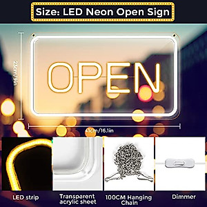 LED Open Signs for Business, 16"x 9" Neon Open Sign, High Brightness Warm White Light Up Sign with Chain, for Small Business, Store, Bar, Hotel, Cafe, Florists