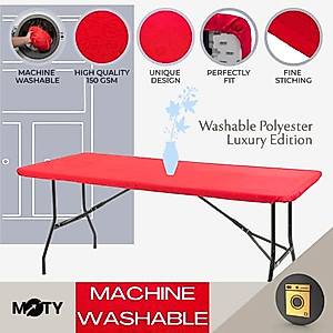 Fitted Rectangle Tablecloth for 6 Foot Tables – Reusable Elastic Edge Table Cover for Folding Banquet Tables – Washable 100% Polyester Fabric with Mitered Corners for Parties and Picnics (32x72 inch)