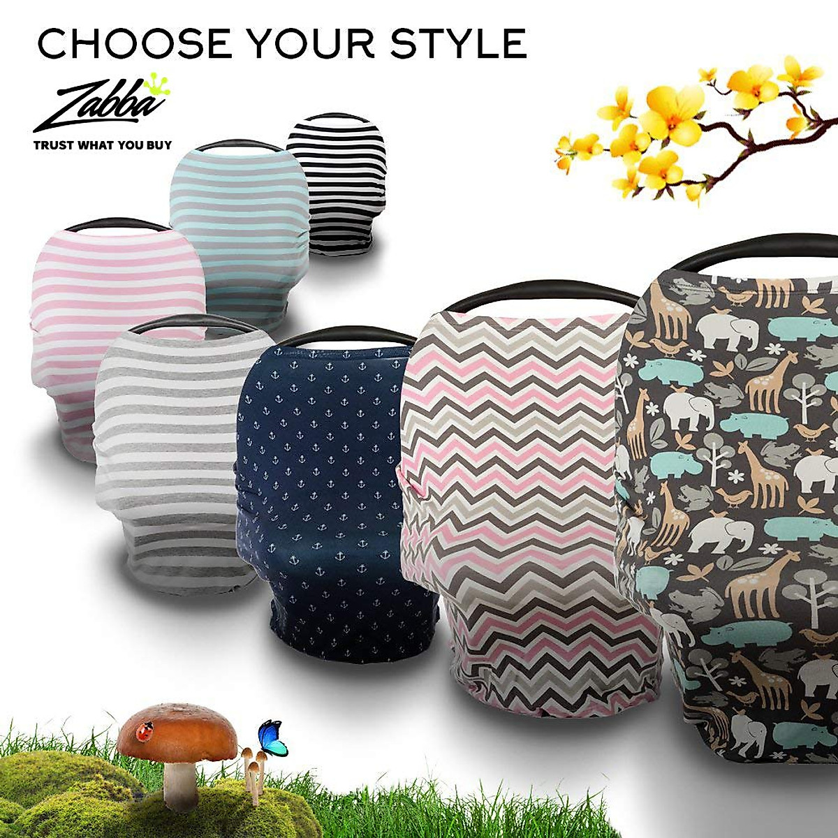 Car Seat Covers for Babies - Stretchy, Lightweight, and Extra Soft Nursing Cover - Multiuse - Covers Carseat, High Chairs, Shopping Carts - Bonus Infant Baby Beanie and Bag (Blue and Grey)