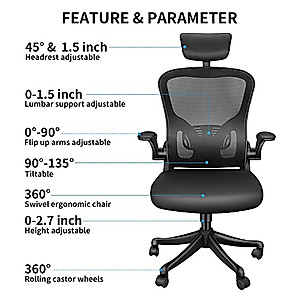 NOXXON Ergonomic Office Chair,Office Chair,High Back Tilt Ergonomic Home Office Desk Chair Black Adjustable Height Computer Chair with Flip Up Arms & Headrest & Lumbar Support & Rolling Wheels