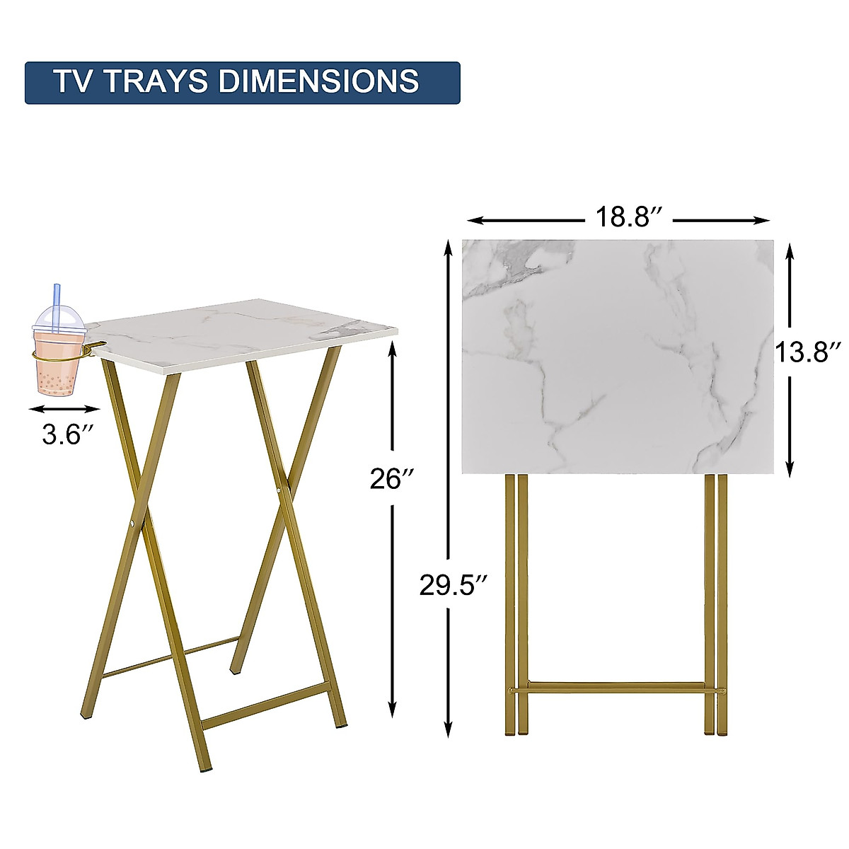 VECELO TV Tray for Eating Set of 2, Portable Dinner/Snack Table with Cup Holder for Couch, Living Room and Small Space, 18.9D x 14.17W x 25.59H in, Golden