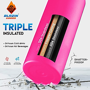 Blazin Goods 24oz Stainless Steel, Leak Proof, Vacuum Insulated Stainless Steel, Double Walled Water Bottle | 3 Lids, 2 Straws, 1 Wire cleaning brush (Pink)