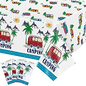 3 Pack Camping Tablecloth Camping Picnic Table Covers Rectangular Camping Backdrop Table Cloth Camping Trails Tablecloth Camping Vintage Style Plastic Tablecloth for Party Table Decor, 108 x 54 Inch