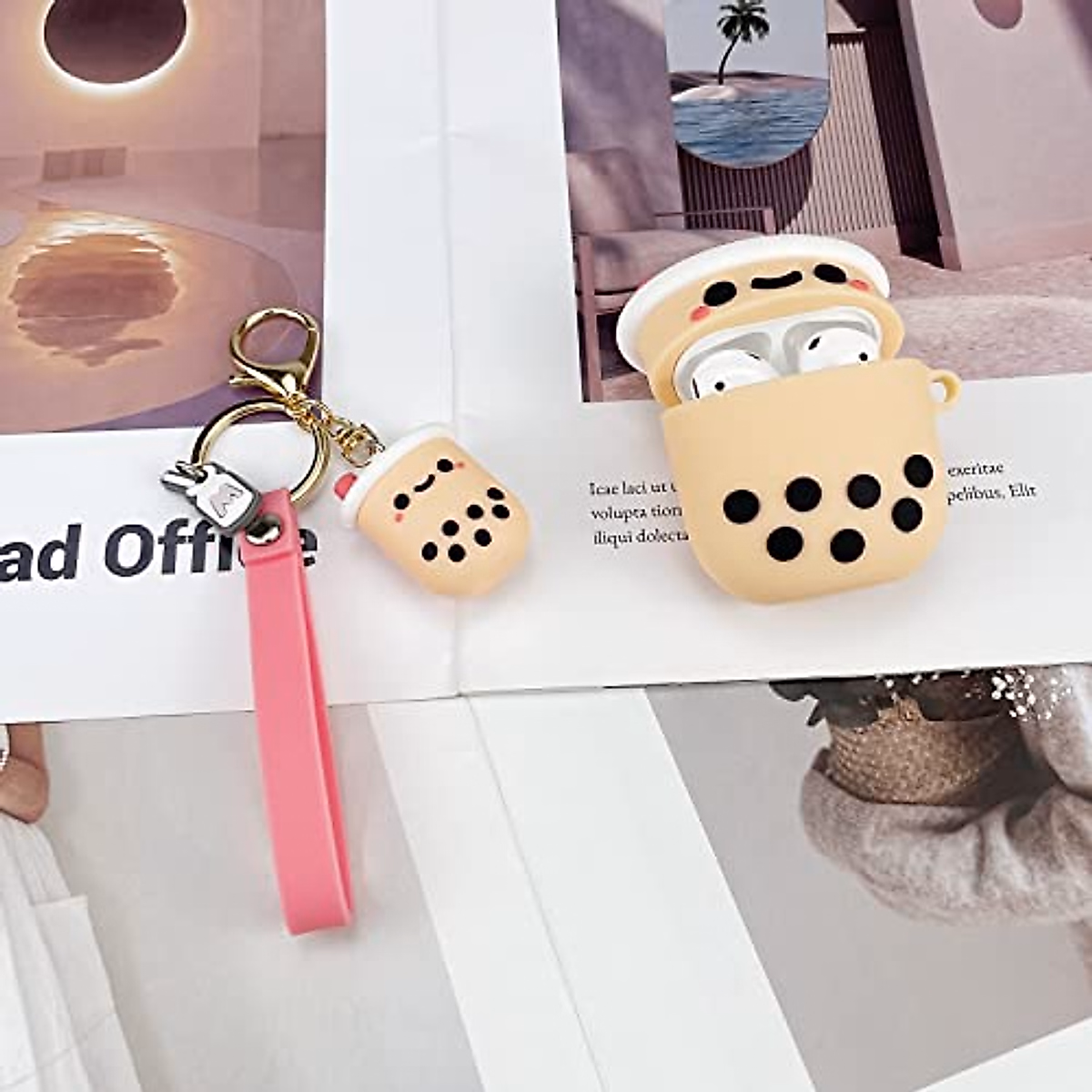 AIIEKZ Cute Airpods Case with Boba Keychain,Girly Pink Boba Milk Tea Silicone Protective Case Compatible with AirPods 2&1 Generation Case for Girls and Women