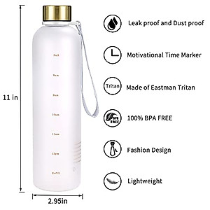Sursip 32 oz Motivational Water Bottle with Time Marker，Reusable Water Bottle Perfect for the gym and office/Outdoors,BPA Free Frosted Plastic Bottle Leak proof with Carry Strap