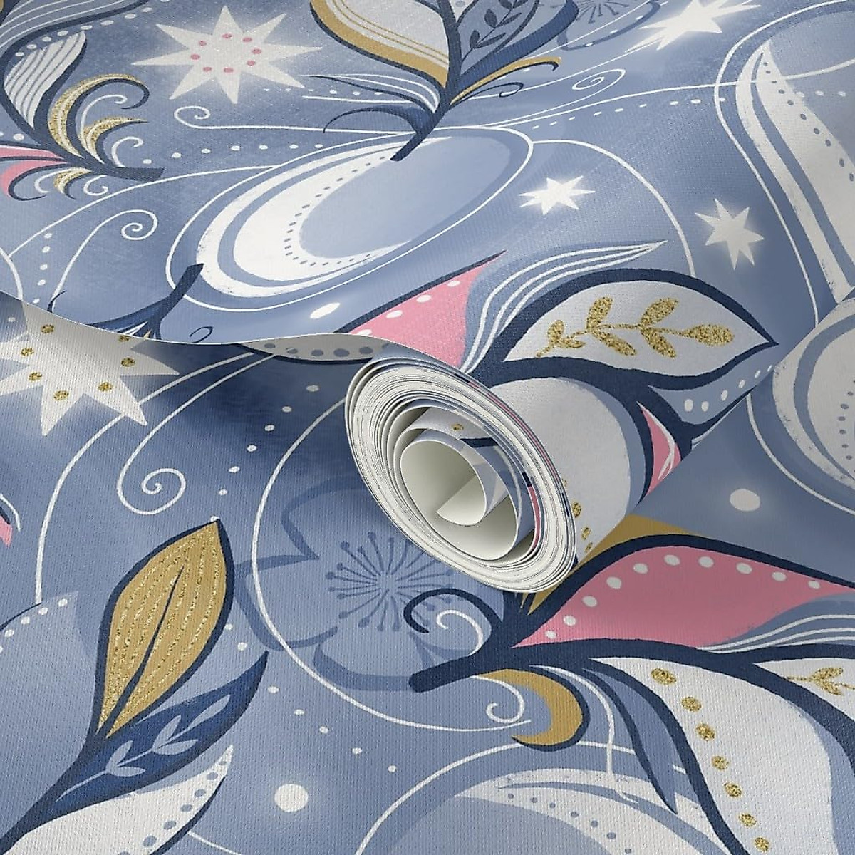 Peel & Stick Wallpaper Swatch - Whimsical Night Pastel Blue Pink Moon Star Sky Custom Removable Wallpaper by Spoonflower