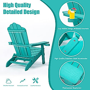 TALE Folding Adirondack Chair with Pullout Ottoman with Cup Holder, Weather Resistant, Oversized, Poly Lumber, Lawn Outdoor Fire Pit Chairs, for Patio Deck Garden, Backyard, Aruba Blue