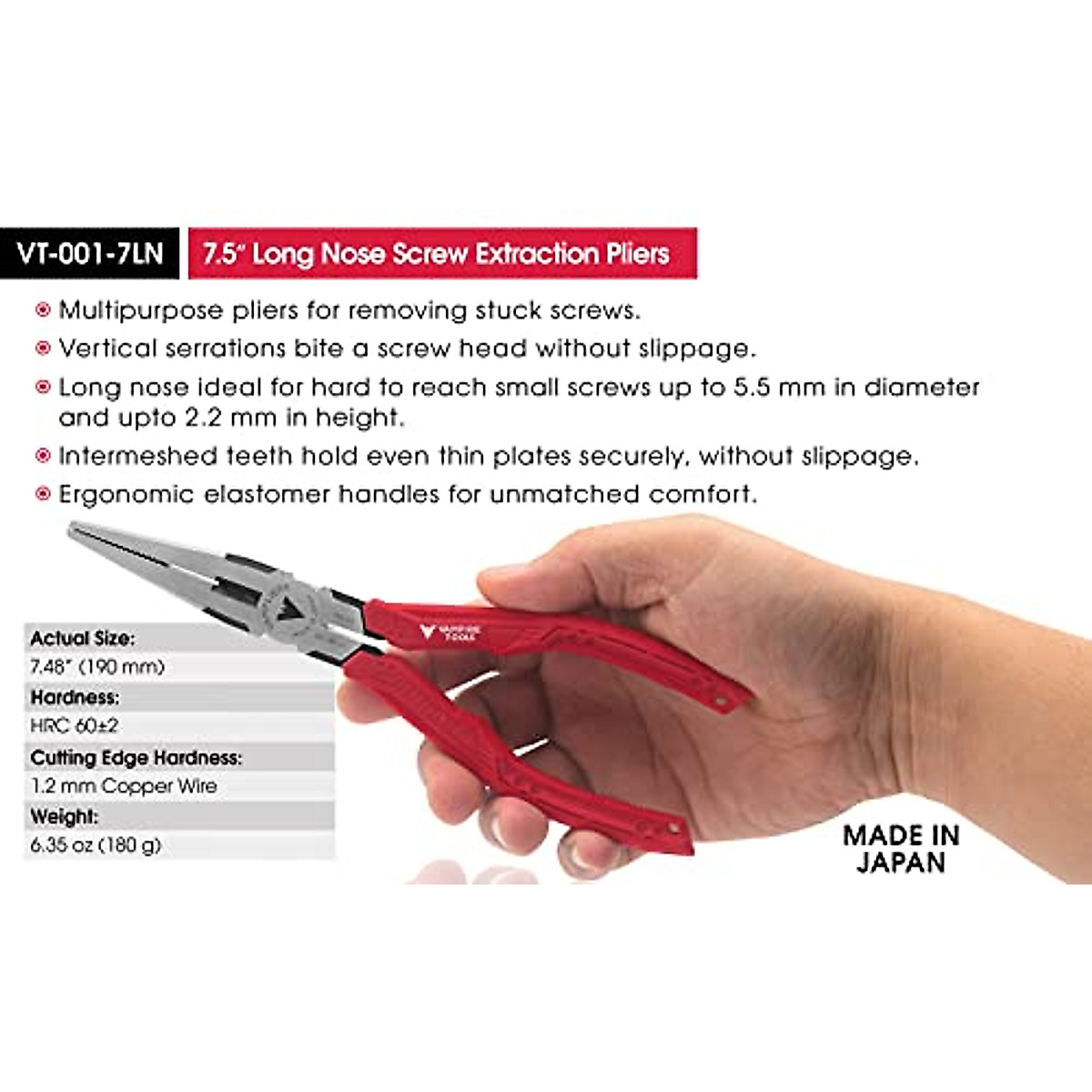 VAMPLIERS: 7.5" Long Nose High Carbon Steel Pliers with Screw Removing Jaws and Wire Cutter. Ideal for Removing Stuck, Stripped Screws & Fasteners in hard-to-reach spaces. Made in Japan: VT-001-7LN