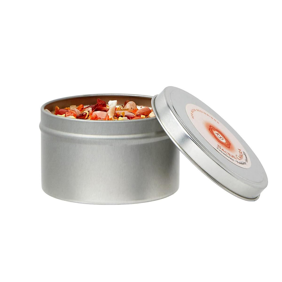 Sacral Chakra Candle by New Moon Beginnings - Chakra Candles - Dried Flower, Herb, & Crystal Candles - Aromatherapy Candles - Soy Candle - 8oz Tin