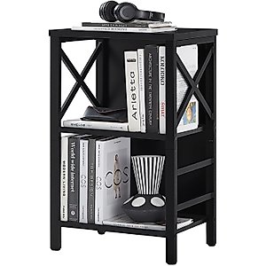 MNEETRUNG Small Bookcase,3 Tier Industrial Bookshelf with Metal Frame and Backboard,Low Black Book Shelf,Small Book case for Small Spaces,Living Room,Bedroom and Home Office