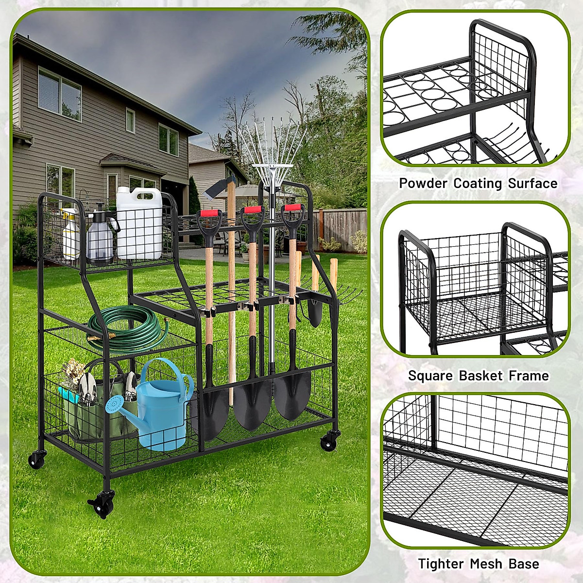 biosp 3-Tier Garden Tool Organizer for Garage, Utility Yard Tool Stand Holder Shelves with Wheels, Heavy duty Shed Tool Storage Rack with Multiple Hooks & Basket, Up to 18 Long-Handled Tools, Black