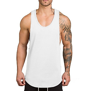 ZUEVI Muscle Tank Tops for Men Cut Open Sides Bodybuilding Vest Gym Workout Stringer T-Shirts (White-L)
