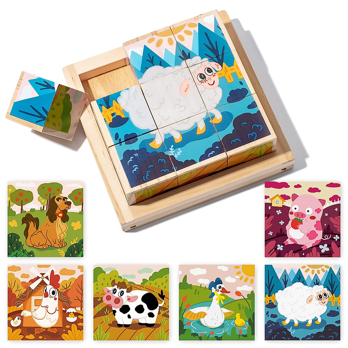 JOCY Wooden Block Puzzle Toddler 1-3-5 Years Kid Montessori Learning Games Educational Interactive Toys, Preschoolers Cube Puzzle with Storage Tray - 6 Puzzles 1 (Farm)