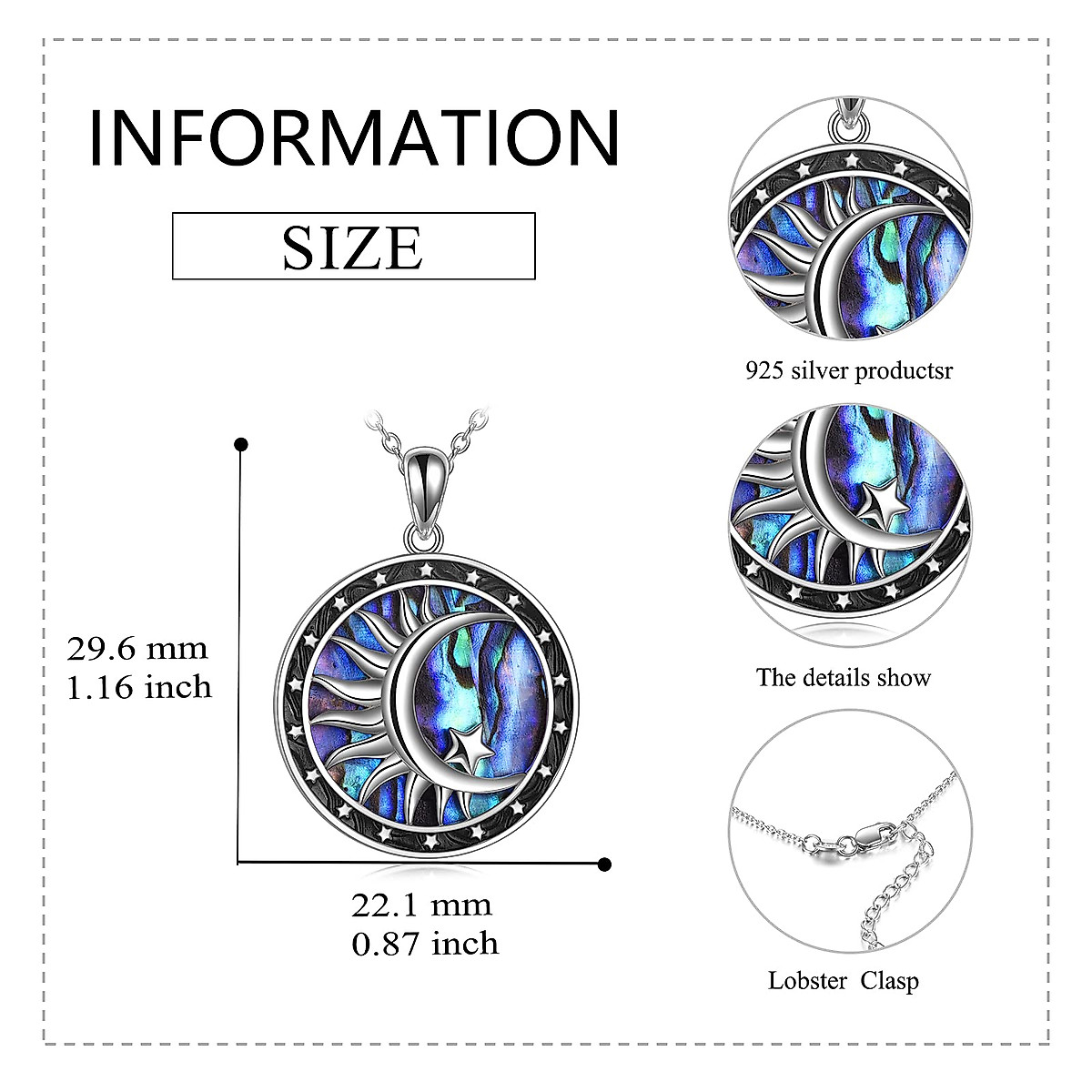 SHEAISRS Moon Sun ​Star Necklace 925 Sterling Silver Abalone Shell Celestial Jewelry Gift for Women