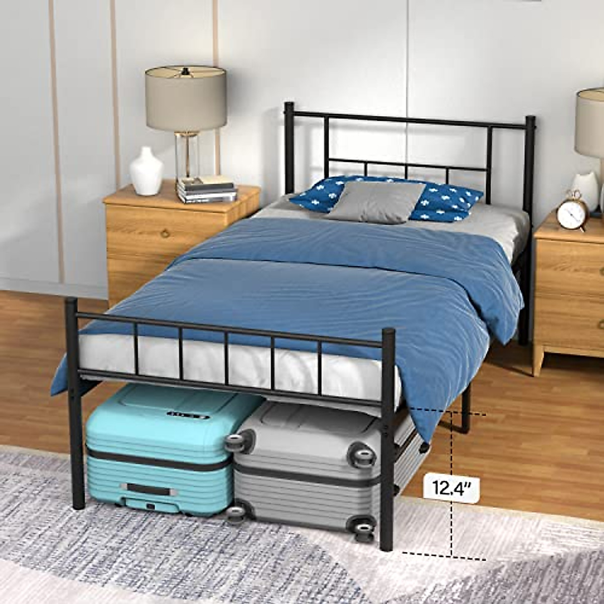 Metal Platform Bed Frame Twin Mattress Foundation Heavy-Duty Steel Slat Noise-Free Support with Headboard & Foot Board NO Boxing Spring Needed Under-Bed Storage Easy Assembly, Twin