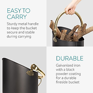 Navaris Fireplace Ash Bucket - Black Metal Bucket with Handle and Shovel for Fire Ash Charcoal and Coal - Home Wood Burner Pit Fireplace Accessories