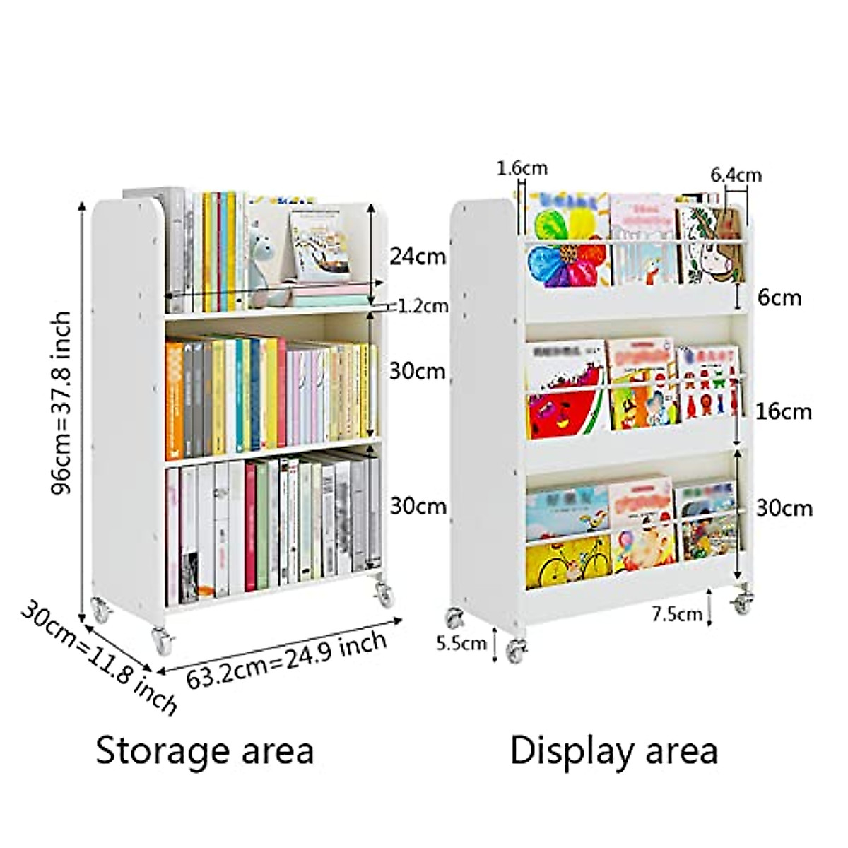 Bookshelf, 3-Tier Mobile Book Shelf, Large Capacity Display and Storage Bookcase, Double-Sided Use, Bookshelves for Living Room and Study Room, 63.2x30x96cm