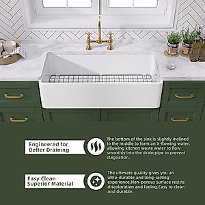 TUKTUK White Farmhouse Sink 30 Inch Farm Sink Fireclay Apron Front Single Bowl Kitchen Sinks Deep Drop In Undermount Kitchen Sink Luxury Bottom Grid & Strainer Drain Included