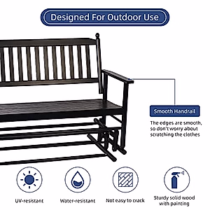 LUCKYERMORE Patio Glider Swing Bench 2-Person Garden Rocking Seating for Outdoor, Wooden Porch Loveseat Chair for Outside, Backyard, Poolside, Garden, Black