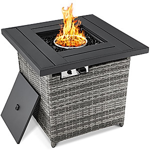 Best Choice Products 28in Gas Fire Pit Table, 50,000 BTU Outdoor Wicker Patio Propane Firepit w/Faux Wood Tabletop, Clear Glass Rocks, Cover, Hideaway Tank Holder, Lid - Ash Gray