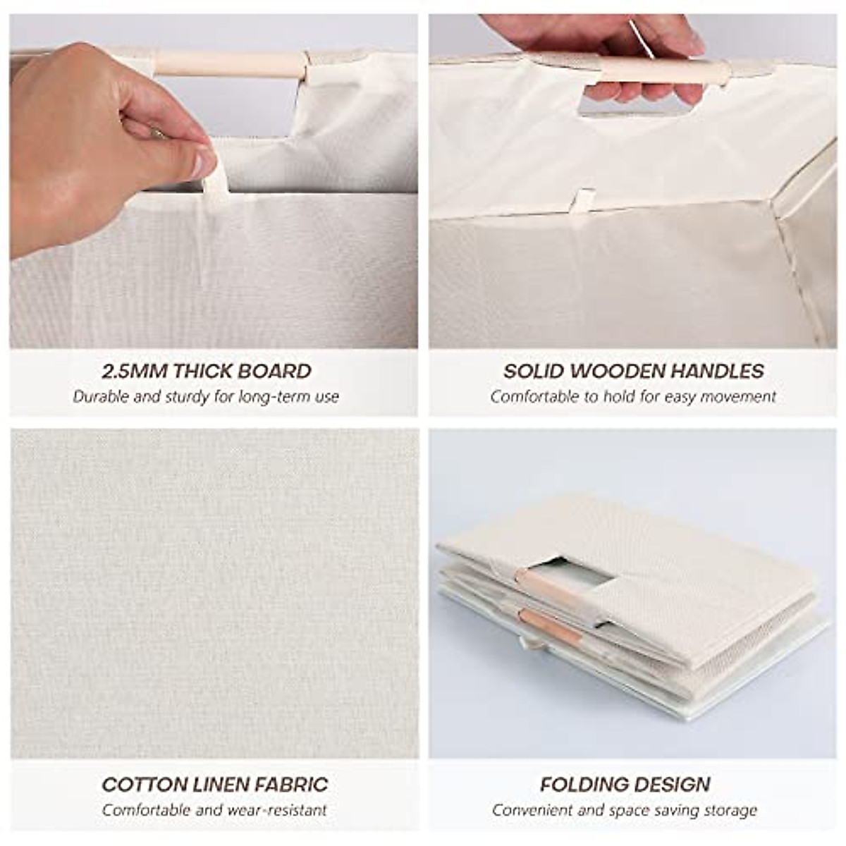 LaMorée Fabric Storage Bin Box Foldable Cotton Linen Storage Basket with Wooden Handles Rectangular Cube Decorative Home Nursery Laundry Organizer Clothes Blanket Container – Beige, Large