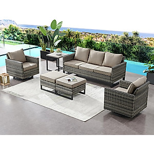 HUMMUH 6 Piece Patio Furniture Set Outdoor Sectional Sofa,PE Wicker Patio Swivel Rocker Chairs with Ottomans Side Table for Porch,Garden,Backyard