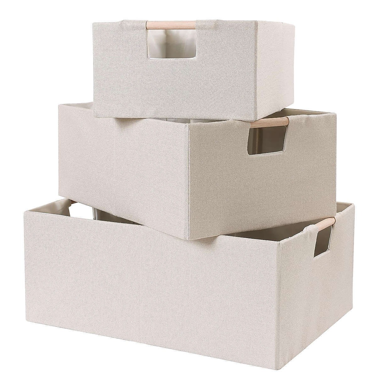 ANMINY 2PCS Storage Baskets for Organizing Collapsible Fabric Storage Bins Boxes with Wood Handles Closet Shelves Cube Organizer Bins Clothes Laundry Storage Container - Large, Beige