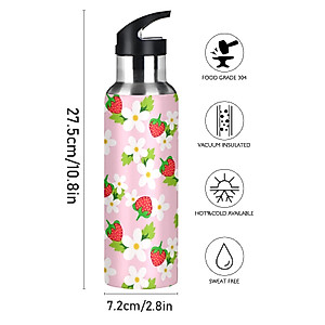 xigua 20oz Pink Strawberry White Flower Insulated Sport Water Bottle with Straw Lid Stainless Steel Vacuum Cup Leakproof Thermal Bottles 600ml