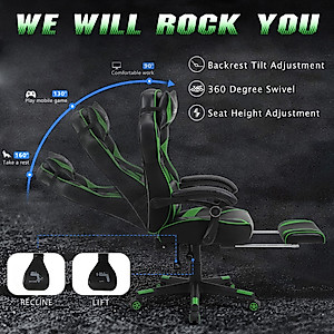 Green Gaming Chair, High Back Gamer Chair with Footrest, Recliner Computer Chair with Massage, Big and Tall Desk Chair for Gaming, Ergonomics Video Game Chair for Adults, Racing Gaming Chair for Teens