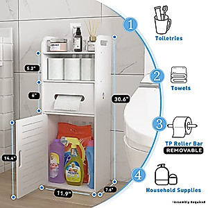 Wider Small TP Toilet Paper Storage Cabinet, Slim Bathroom Corner Storage Cabinet with Door and Tissue Dispenser, Waterproof and Durable, Freestanding, (White, Wider with Removable TP Roller)