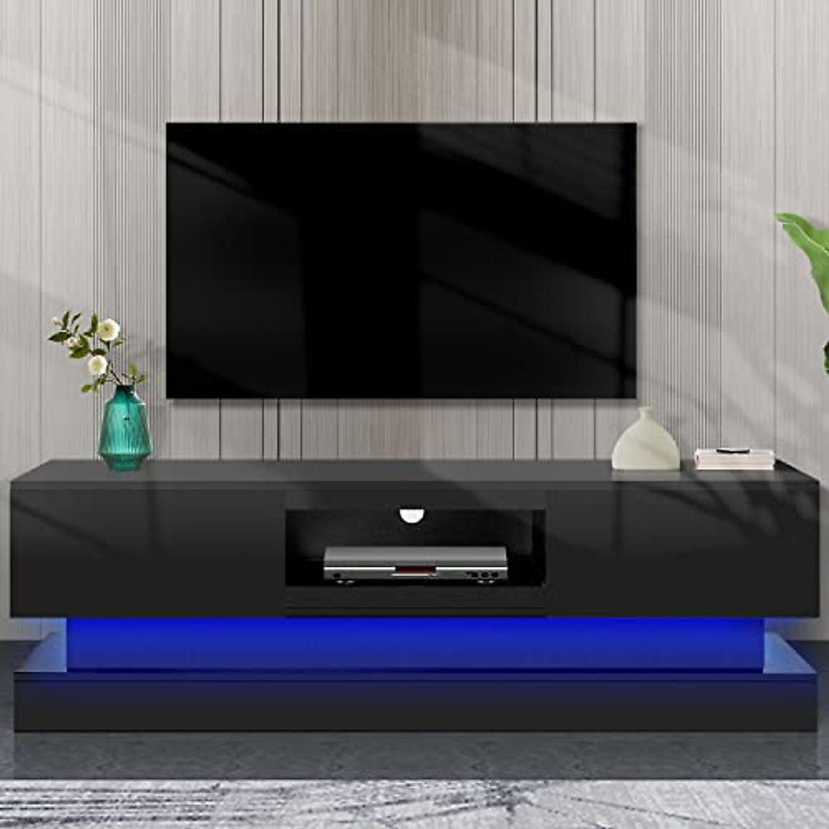 YISUYA Modern Tv Stand, Black Morden TV Stand with LED Lights, High Glossy Front Tv Cabinet, for TV up to 63 Inch, Floor Tv Wall Cabinet, Modern TV Stand, for Living Room or Bedroom