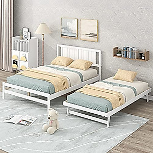 Morhome Full Size Platform Bed with Adjustable Trundle, Wooden Bed Frame with Headboard for Kids Teens Adults