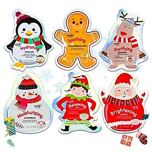 Epielle Christmas Holiday Character Sheet Mask Assortments,- Santa, Reindeer, Snowman, Elf, Stocking Stuffers, Christmas Gift Ideas (6pk) Birthday Party Gift for her kids, Spa Day Party, Girls Night | Holiday Stocking Stuffers