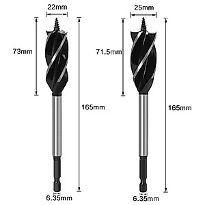 WSOOX Brad Point Wood Drill Bit Set 8PCS Four Spiral Flutes Drill Bit by 1/4" Hex Shank for Quick Chip Removing and Fast Drilling(Drilling Diameter:10mm,12mm,14mm,16mm,18mm,20mm,22mm,25mm)