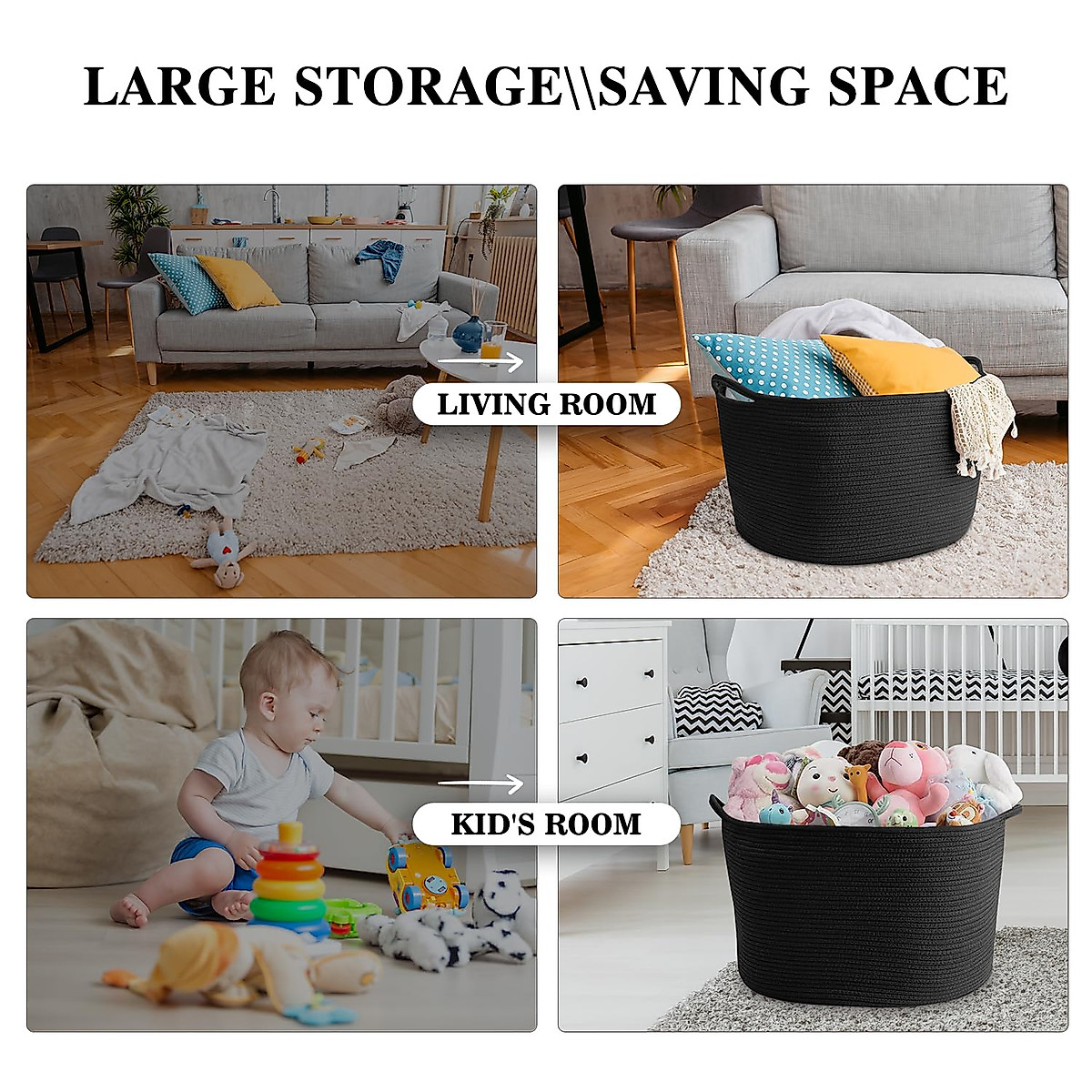 Blanket Basket Living Room, Cotton Rope Basket for Storage, Maliton Woven Extra Large Basket, 22" x 14" Nursery Laundry Basket with Handles, Toy Storage Basket Bin for Baby and Pet, Black