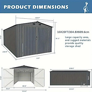 20 x 10 FT Outdoor Storage Shed, Large Metal Garden Shed with 2 Lockable Doors, Tool Shed Outdoor Storage with 4 Air Vents, Garage Shed Waterproof for Car, Truck, Bike, Garbage Can, Tool, Dark Gray