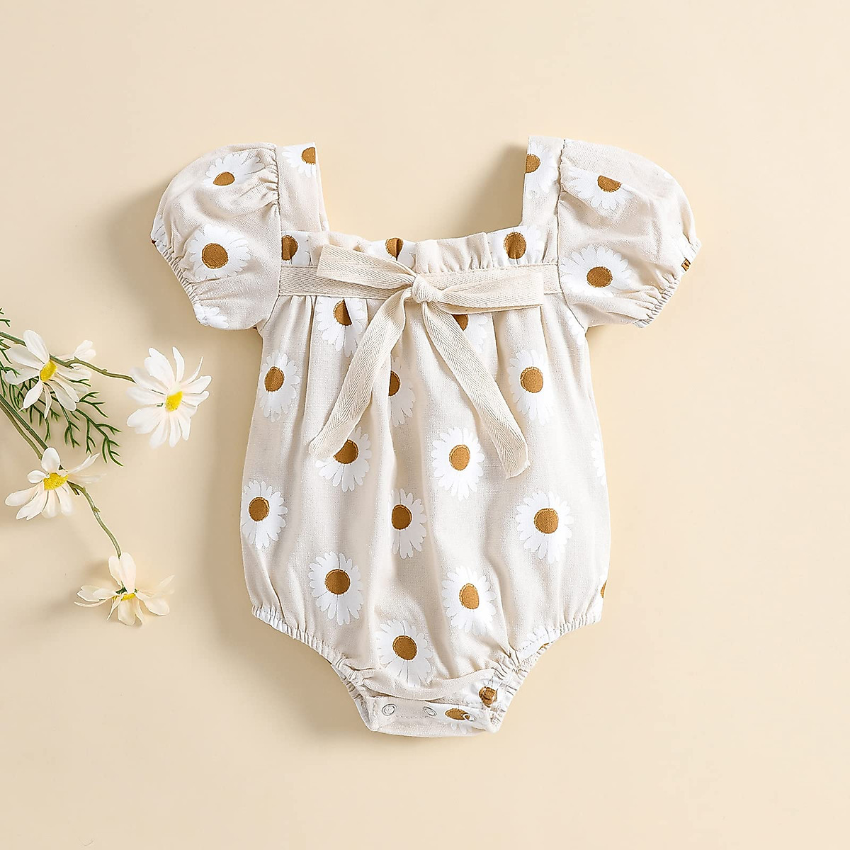 Newborn Baby Girl Romper Daisy Print Short Sleeve Bodysuit Jumpsuit Summer Clothes Beige
