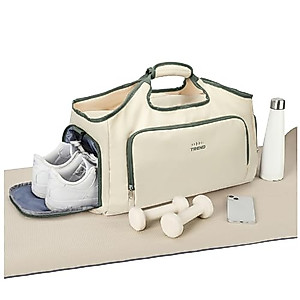 Gym Bag Weekender Bag for Women Travel Bag Duffel Bags for Traveling Carry On Bag Large Sports Yoga Mat Bag Shoulder Bag Overnight Workout Bag with Shoe Compartment Wet Pocket for Men(Beige)