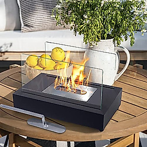 Tabletop Fireplace, Upgrades Rectangle Tabletop Bio Ethanol Fireplace Indoor Outdoor Fire Pit Portable Fire Bowl Pot Fireplace in Black, Realistic Burning, 13'' x 7'' x 8''