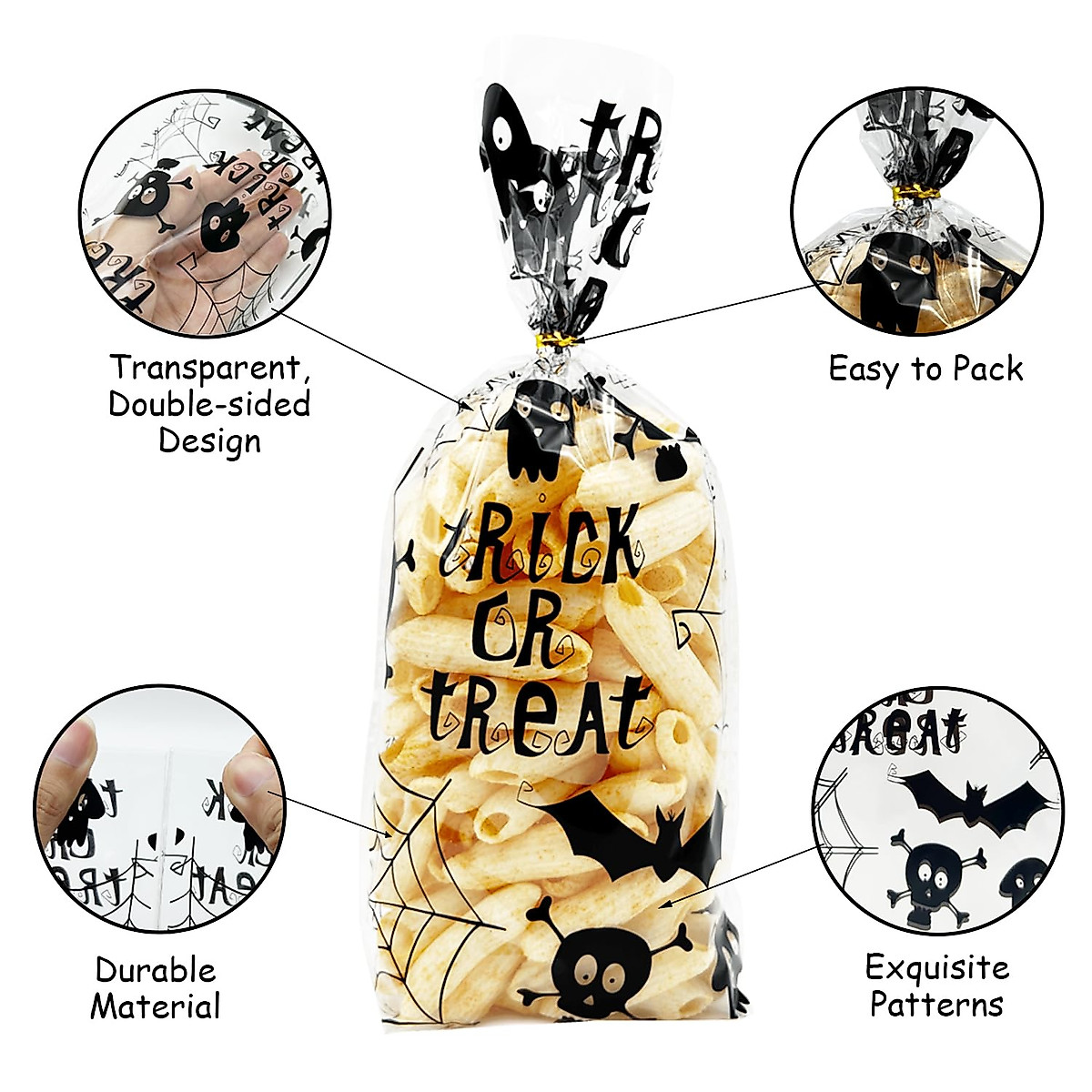 AouEtnay 120 Pcs Halloween Cellophane Treat Bags Candy Bags Halloween Goodie Bags with Tags Twist Ties for Goodie Cookie Candy Halloween Party Favor Supplies, 6 Styles