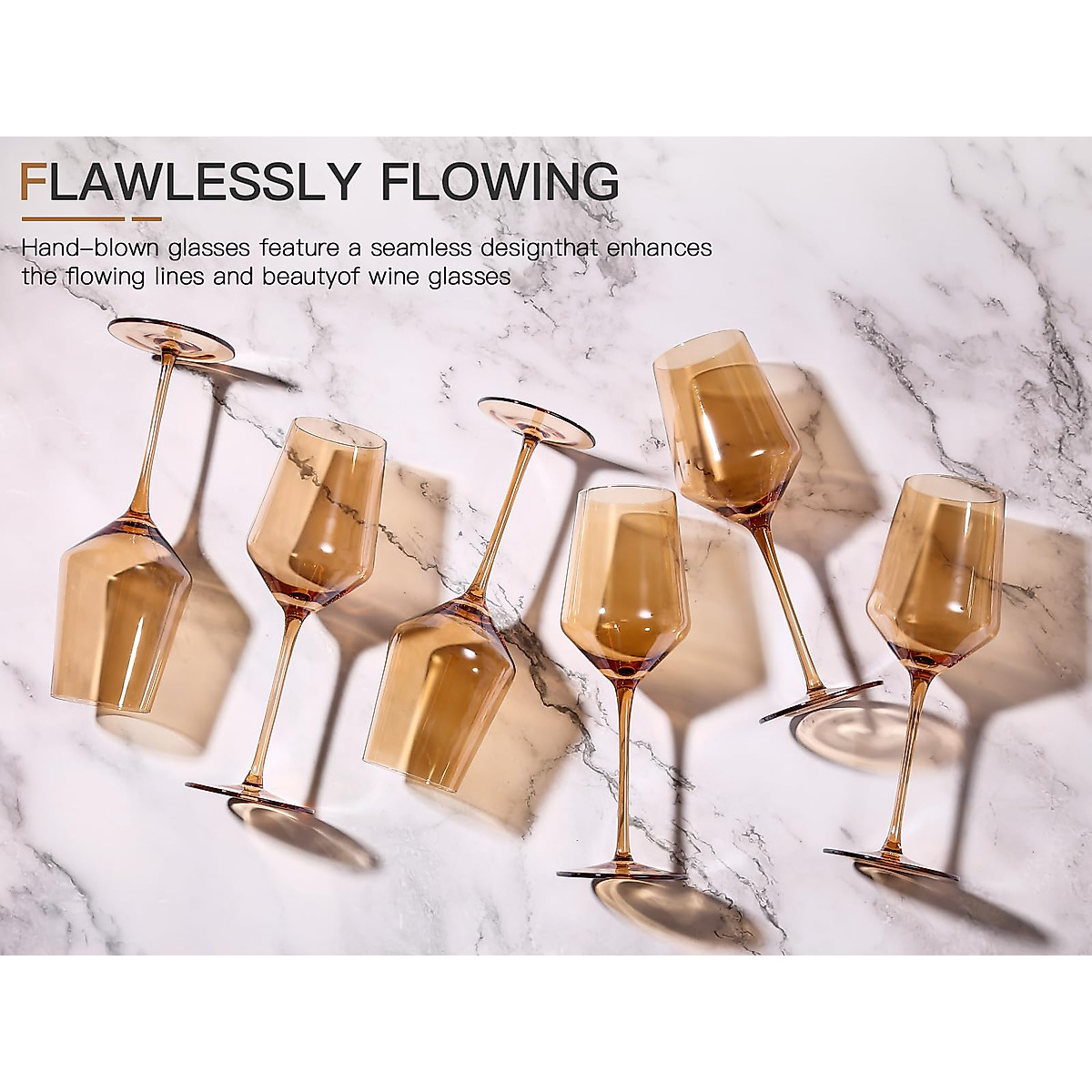 Amber Wine Glasses Set of 6-15oz Hand-Blown Long Stem Wine Glasses, Unique Wine Glasses Gift For Bar, Party